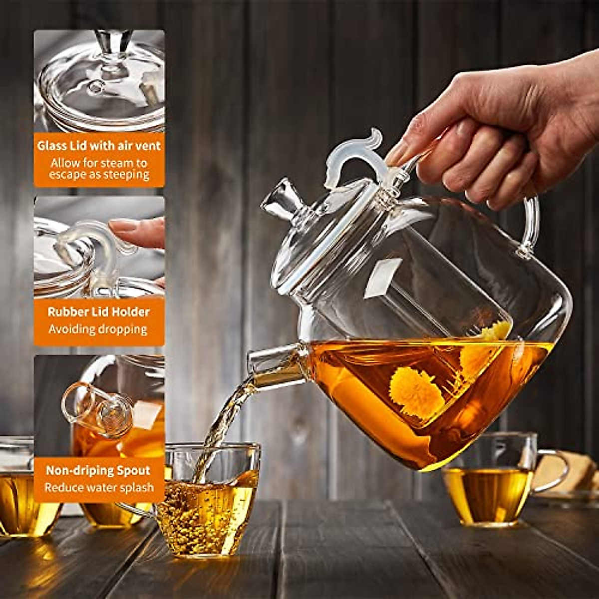 DOPUDO GRANDEUR Glass Teapot, 1850ml/ 62oz Glass Kettle with Removable Infuser, Borosilicate Glass Tea Pot for Stovetop, Loose Leaf and Blooming Tea Maker