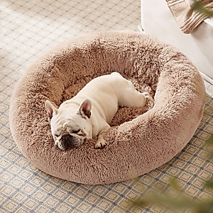 Bedsure Calming Dog Bed for Medium Dogs - Donut Washable Medium Pet Bed, 30 inches Anti-Slip Round Fluffy Plush Faux Fur Cat Bed, Fits up to 45 lbs Pets, Camel