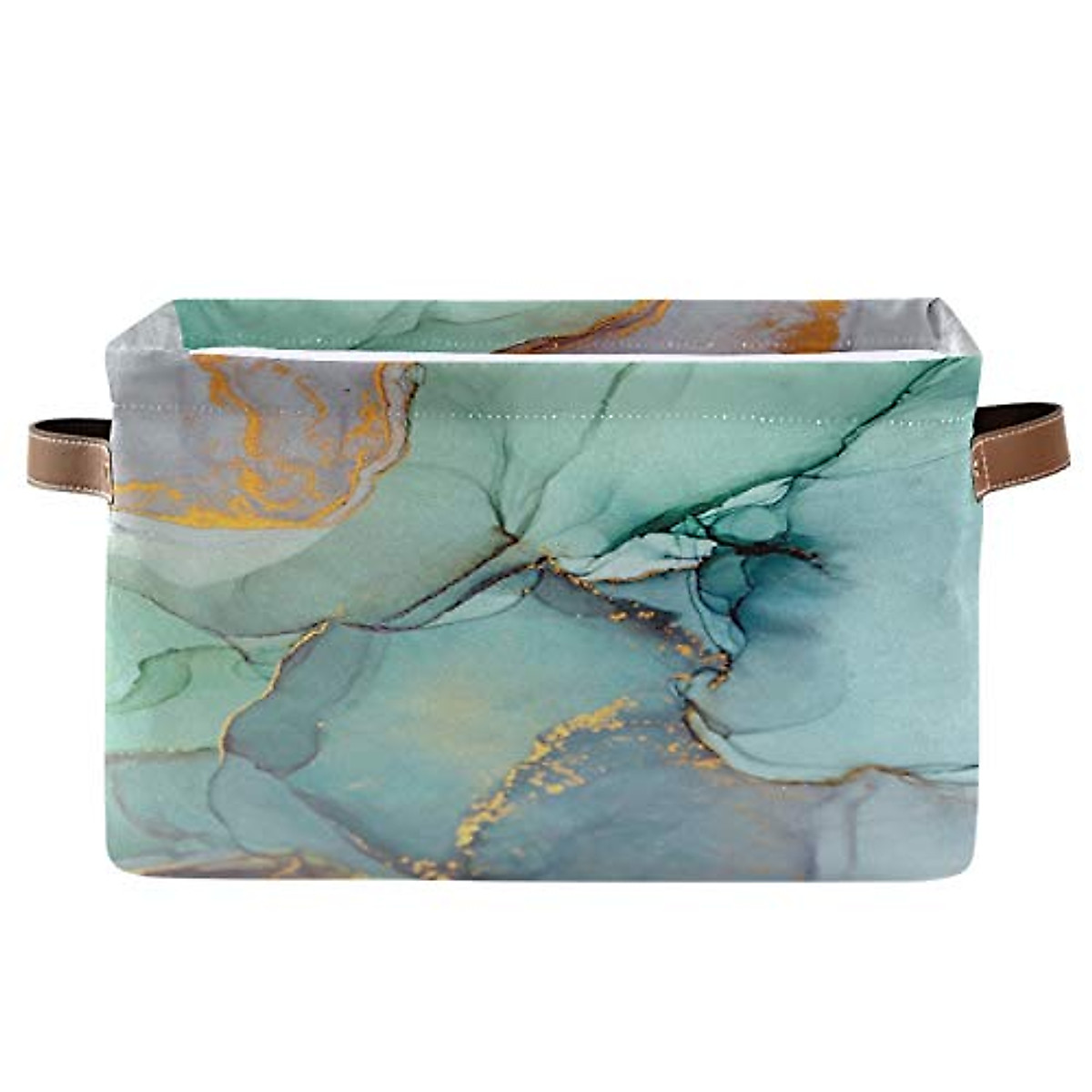 MNSRUU Storage Basket Teal Colored Abstract Marble Collapsible Organizer Basket with PU Handles, Waterproof Nursery Laundry Basket，1 Pack