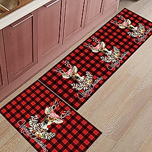 Miaklek Merry Christmas Kitchen Mats for Floor Anti Fatigue Mats for Kitchen Floor Kitchen Rugs Cushioned Mats Non Slip Comfort Standing Kitchen Rugs Set of 2, Xmas Elk Holiday Red Black Check
