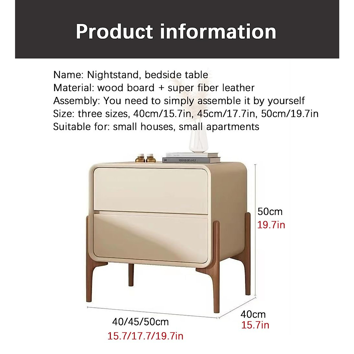 YWSXHS Modern Nightstand with 2 Drawers, Accent Bed Side Table with High Legs, Wooden Bedside Table, Bdeside Table, End Table, for Living Room, Small Space (Color : Cream White, Size : 45cm/17.7in)