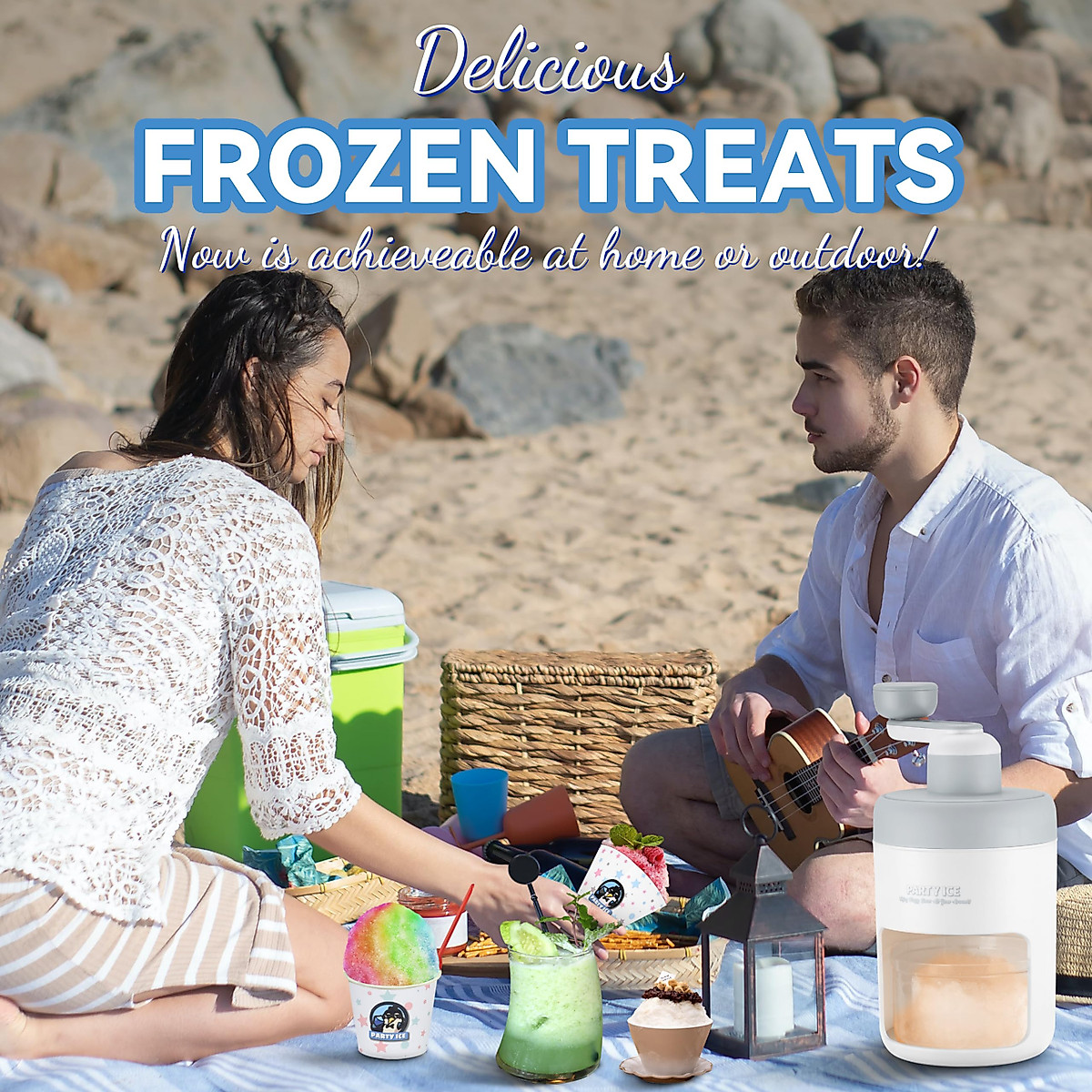 Party Ice Manual Shaved Ice Maker Machine, Ice Shaver Machine, Snow Cone Maker Machine, Portable Ice Crusher, 10 Cups 10 Spoon Straws & Recipes Included (Gray)