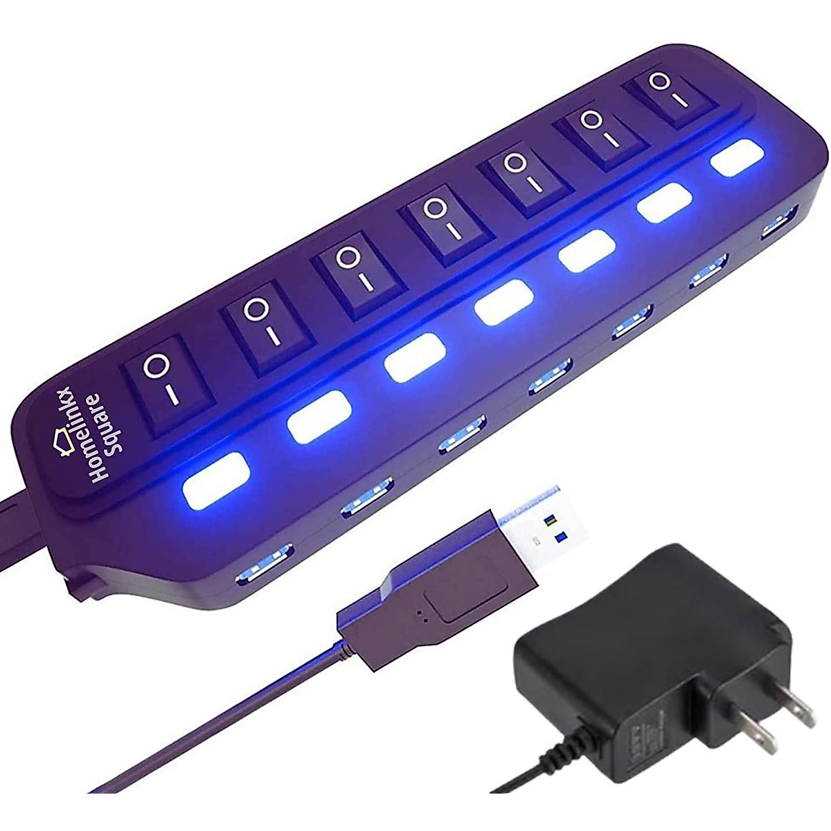 HOMELINKX SQUARE - USB HUB 3.0 Powered Splitter - External 7 Port High Speed Hub Splitter with 5V/2A Power Adapter Powered USB hub and Individual On/Off Switch for PC Laptop Desktop