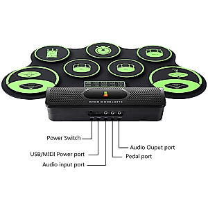 9 Pads Portable Electronic Drum Set with Built-in Speakers, Power Supply, Foot Pedals and Drumsticks, Roll Up Electric Musical Instruments