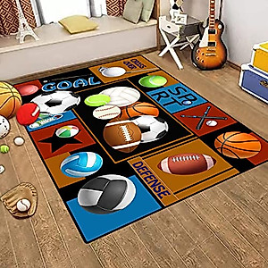 Balls Rugs Area Rug Non-Slip Fun Sport Rugs, Gaming Carpet Balls Print with Basketball Rugby Football Tennis for Boys Girls Bedroom Play Room Game Area Home Decor (63" x 47")