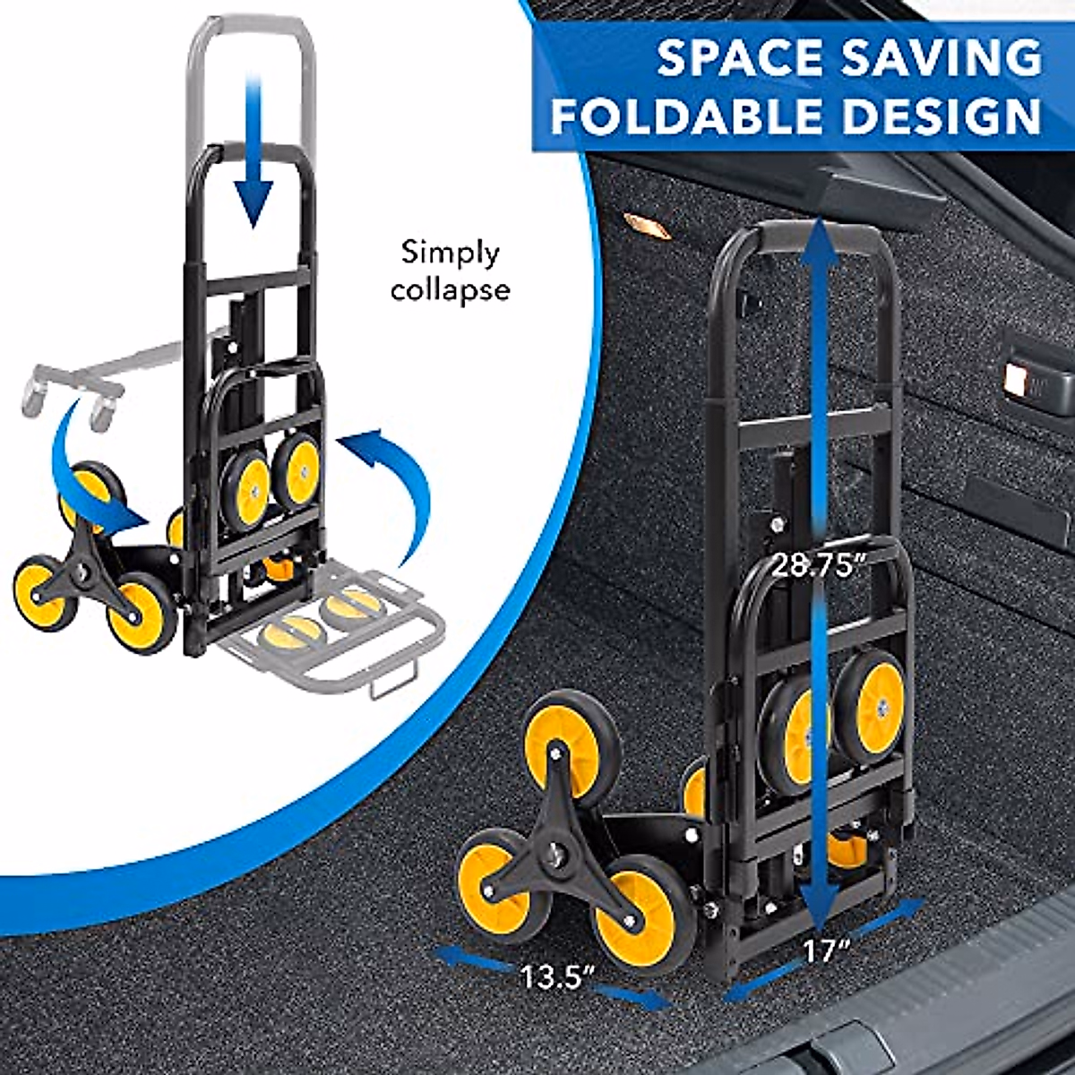 Mount-It! Stair Climbing Dolly - 3 Wheel Stair Climbing Cart | Easily Lift Heavy Items Up and Down Steps | Holds 330 Pounds and Smoothly Rolls on Variety of Surfaces - Portable Dolly for Stairs