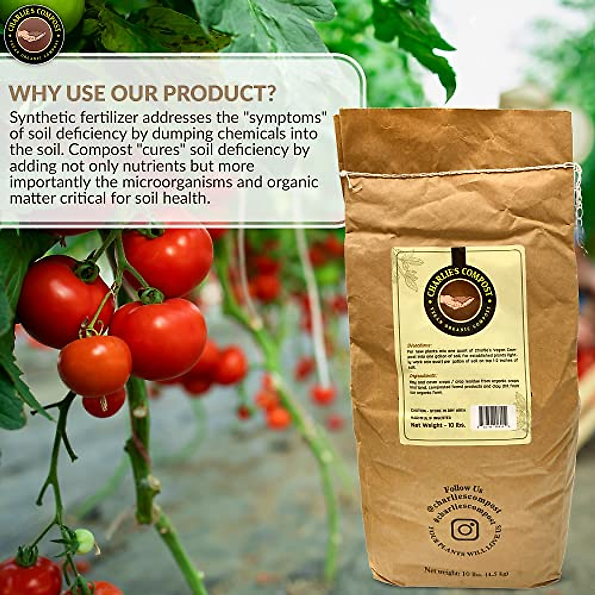 Charlie's Vegan Compost - Concentrated Organic Gardening Vegan Cruelty Free Plant Soil Amendment Dirt Booster - Indoor or Outdoor Garden Farming, Increase Yield in Vegetables, Plants - 10 Lb