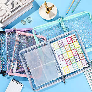 NEWEST A5 Budget Binder Cover with Zipper for Cash Budget System, Glitter Stars A5 6 Ring Binder Planner, Clear PVC Refillable Notebook Shell for Journal Albums Diary School Office Supplies, Purple