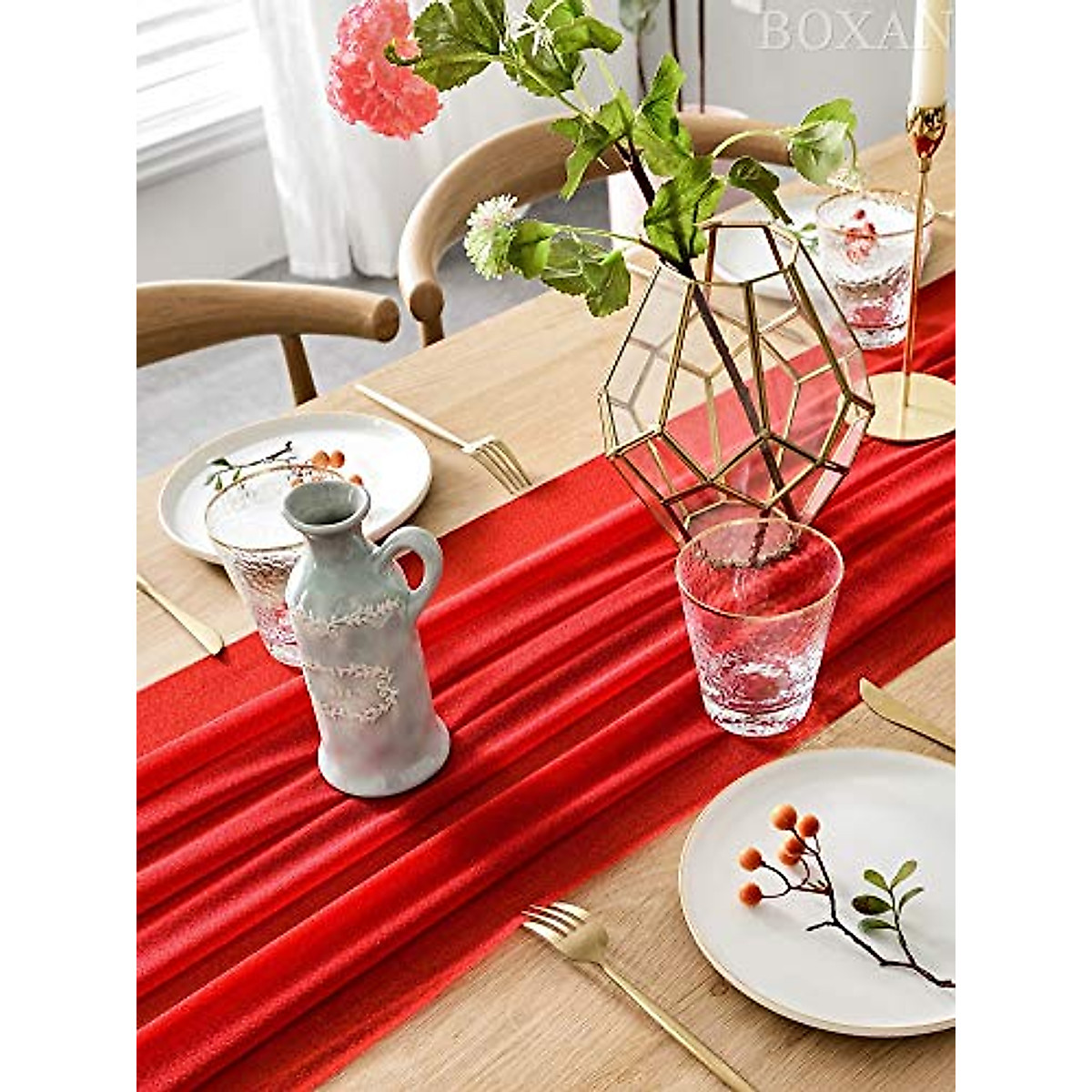 BOXAN Romantic 30x120 Inch Red Sheer Table Runner for Valentine's Day14th February, Wedding Anniversary, Marriage Proposals or Engagements Party Mother's Day Table Swag Valance Reception Decor