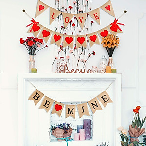 Valentine&#039;s Day Burlap Banner Set, Love And Be Mine Banners, Red Glitter Heart Banner Garland, Wedding Banner Set, Rustic Valentines Decor For Wedding Anniversary Engagement Party Decorations Supplies