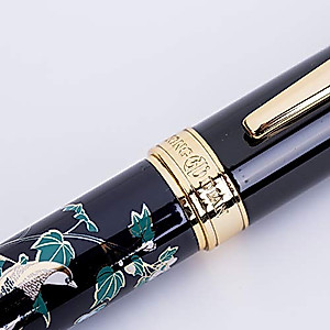 Hongdian Fountain Pen Fine Nib Blue Barrel, Cloisonne Painting (Bird, Butterfly and Flower) with Metal Box