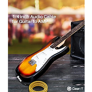 GearIT Audio Instrument Cable (10ft) Right Angle to Straight 1/4 Inch Male to Male for AMP Cord, Base and Electric Guitar - Black/White