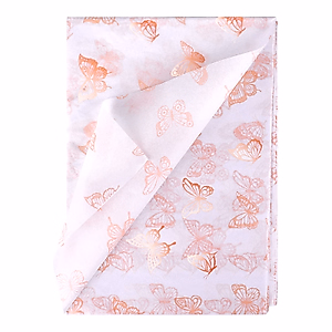 KINBOM 30pcs 20x28inch Rose Gold Tissue Paper Sheets, Butterfly Tissue Paper Bulk Wrapping Paper for Packaging Christmas Wedding Birthday Party Baby Showers DIY Crafts Arts (White Background)