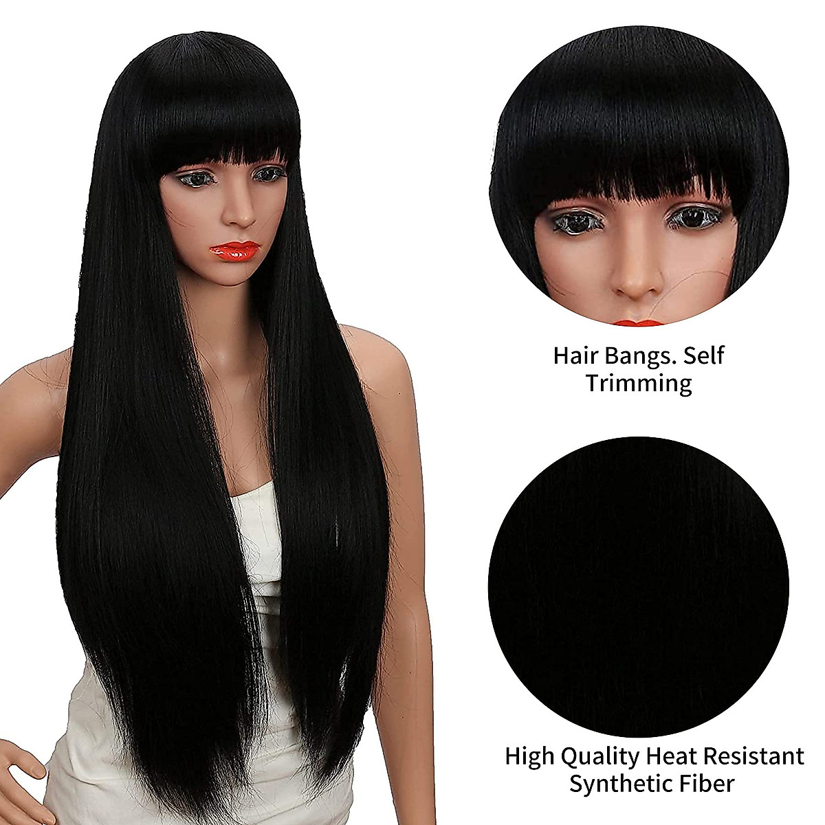 Kalyss 28 Inches Women's Silky Long Straight Black Wig Heat Resistant Synthetic Wig With Bangs Hair Wig for Women