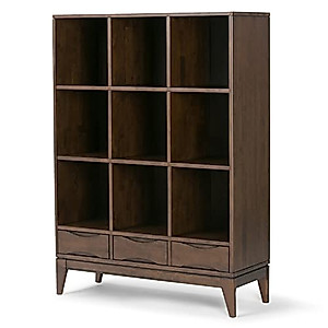 SIMPLIHOME Harper SOLID HARDWOOD 42 Inch Mid Century Modern Cube Storage Bookcase with Drawers in Walnut Brown, For the Living Room, Study Room and Office
