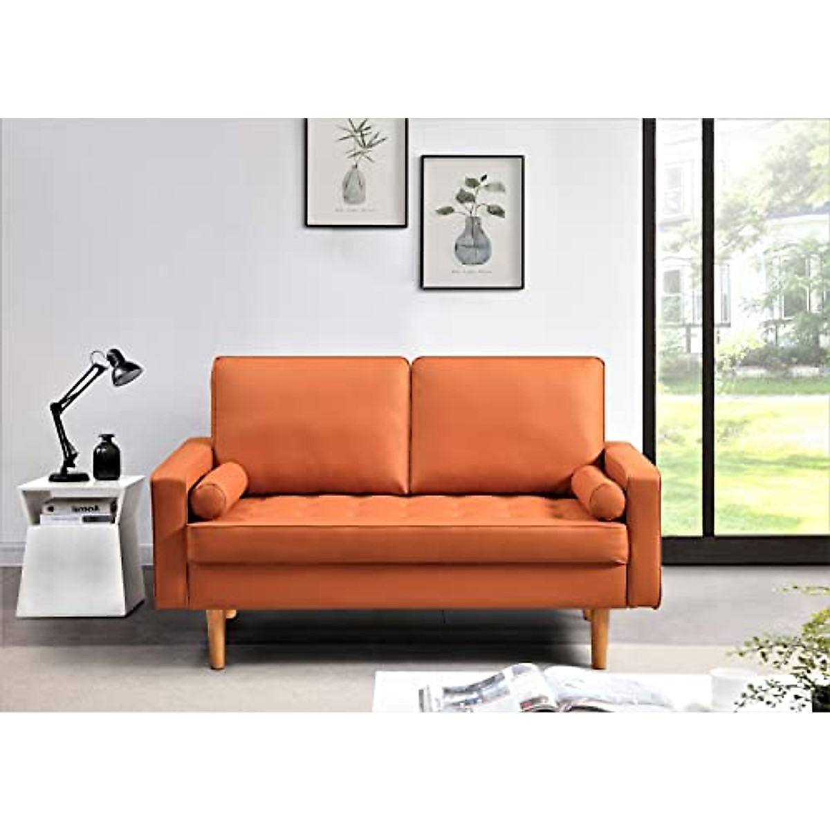 Container Furniture Direct 2-Piece Set Faux Leather Sofa for The Modern Living Room with Removable Cushions and Solid Wood Legs, Luxury Style Button-Tufted Loveseat and Couch, Red Orange