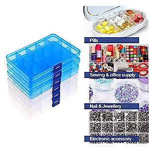 6 Pack Plastic Bead Organizer Storage Box with Compartments Containers with Adjustable Dividers Clear Storage Box for Earring Jewelry Beads Fishing Sewing Craft Supplies, 15 Grids