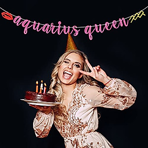 Aquarius Queen Banner, January February Birthday Banner, Aquarius Sign, Zodiac Aquarius Birthday Party Decorations for Her, Happy 21st ,25th, 30th, 40th,50th, 60th Birthday Party Decor, Rose Glitter