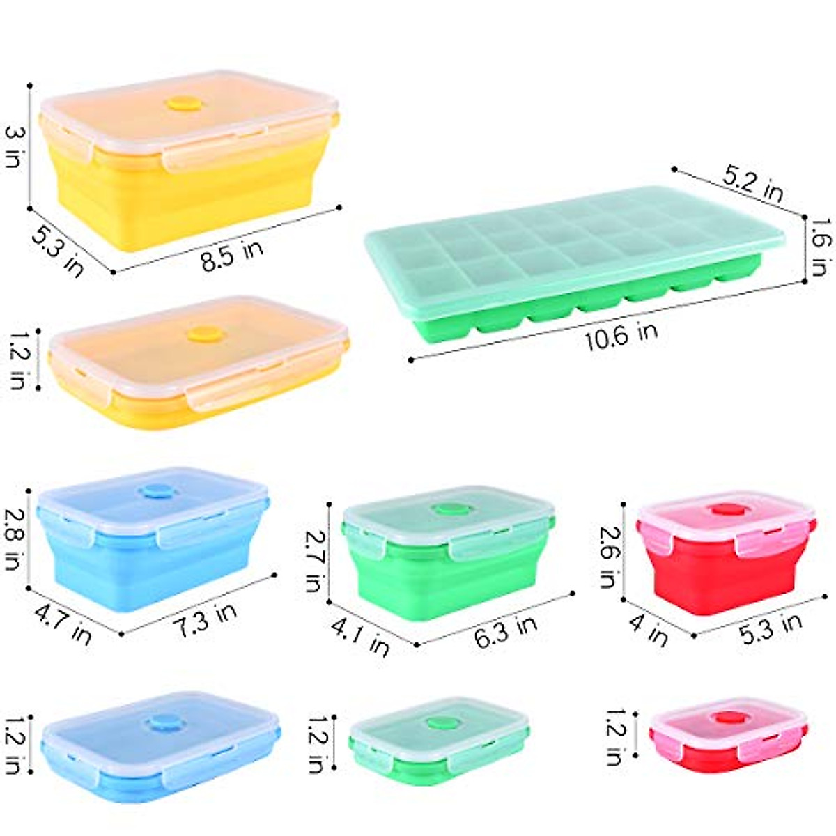 Collapsible Silicone Storage Set of 4 Plus Bonus Ice Tray - BPA Free, Microwave, Dishwasher And Freezer Safe