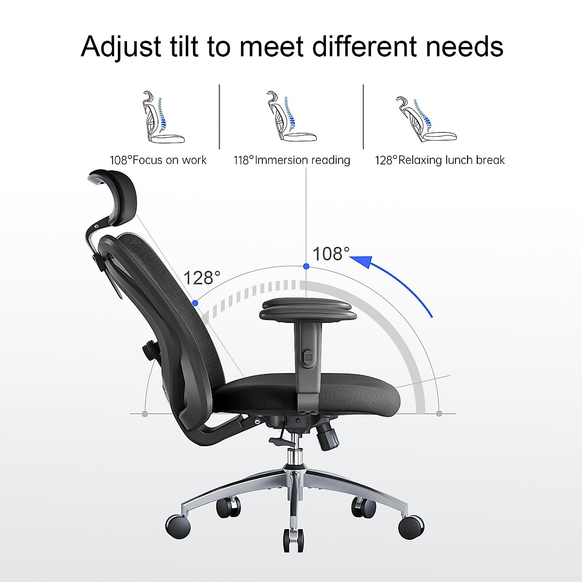 SIHOO Ergonomic Office Chair, Big and Tall Office Chair, Adjustable Headrest with 2D Armrest, Lumbar Support and PU Wheels, Swivel Computer Task Chair for Office, Tilt Function Computer Chair