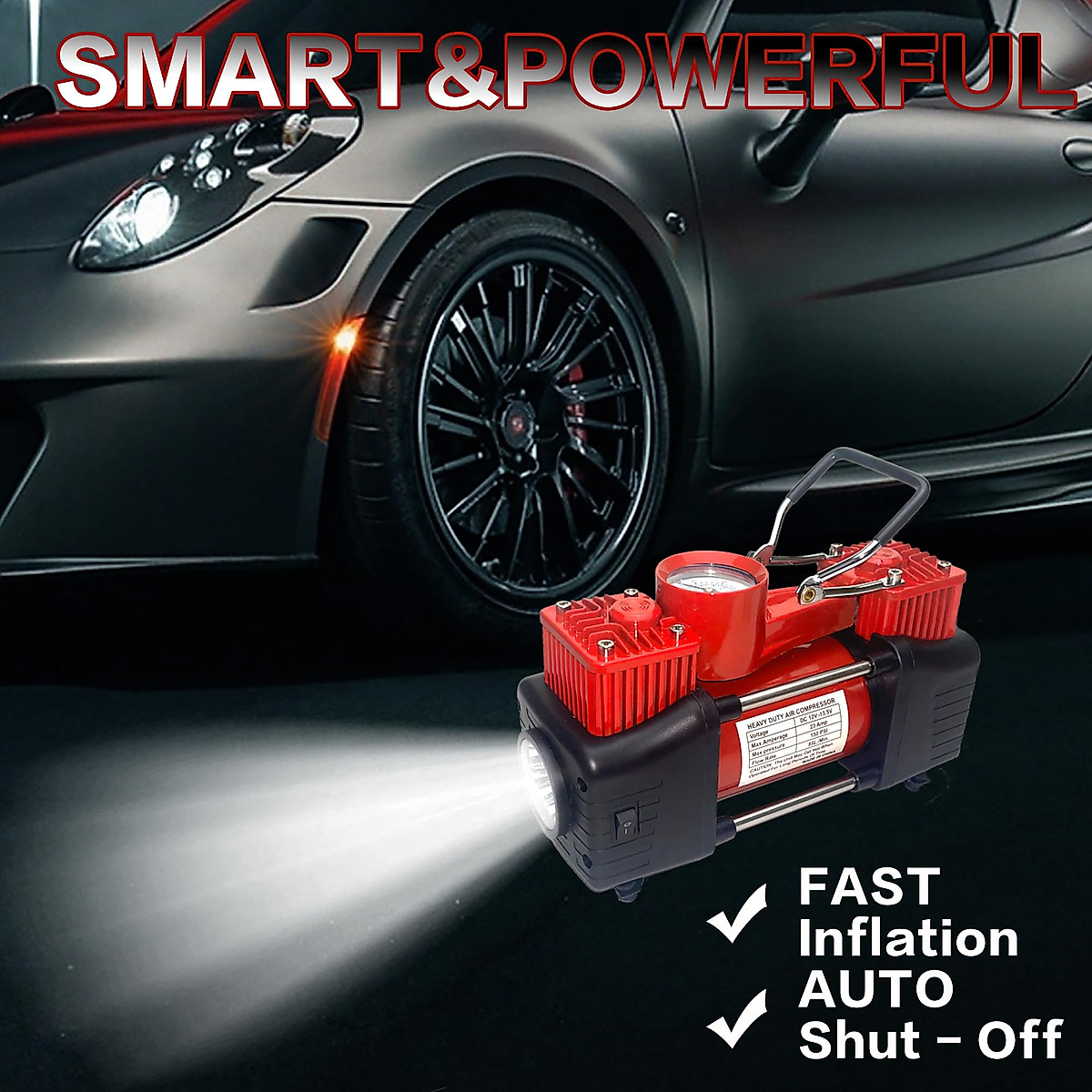 YUNGTEE Tire Inflator Heavy Duty Double Cylinders Direct Drive Inflation Pump,12V Portable Air Compressor Pump with LED Light-Digital Pressure Gauge 150PSI Tire Pump,Apply to Car,SUV,Air Bed