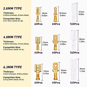 Swpeet 720Pcs Gold 2.8/4.8/6.3mm Male and Female Spade Quick Connectors Wire Crimp Terminal Block with Insulating Sleeve Assortment Kit Perfect for Electrical Wiring Car Audio Speaker