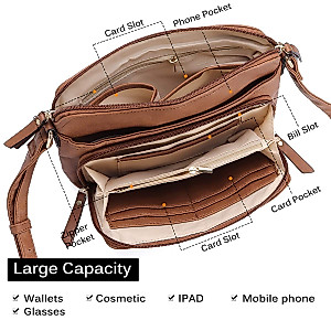OB OURBAG Solid Multi-pockets Casual PU Leather Crossbody Shoulder Bags for Women (Brown)