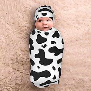 Belinyo Cow Print Newborn Swaddle Set Baby Receiving Blanket with Beanie Hat Infant Swaddle for Girls Boys One Size