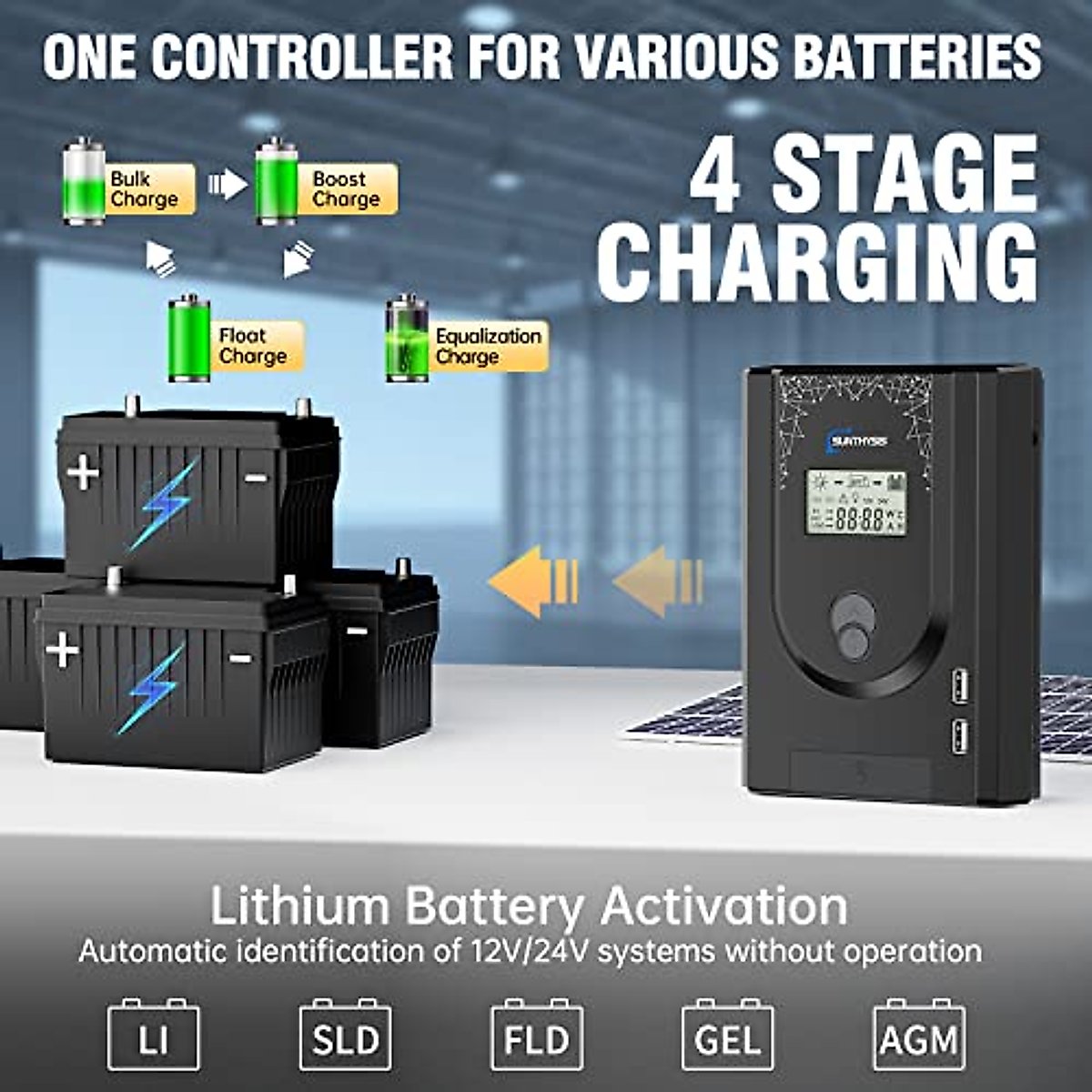 Sunthysis MPPT Solar Charge Controller, 20A 12V/24V Auto, Max Input 100V 260W/520W, LCD Display, APP Monitoring Setting, Solar Panel Regulator for AGM Gel Sealed Flooded, Lithium Battery (Bluetooth)