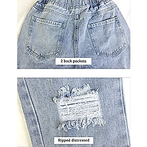 QIBABU Kid Big Girl's Baggy Ripped Jeans Elastic Waist Washed Denim Pants for 8-14 Years(0865-Blue-14Y-QB)