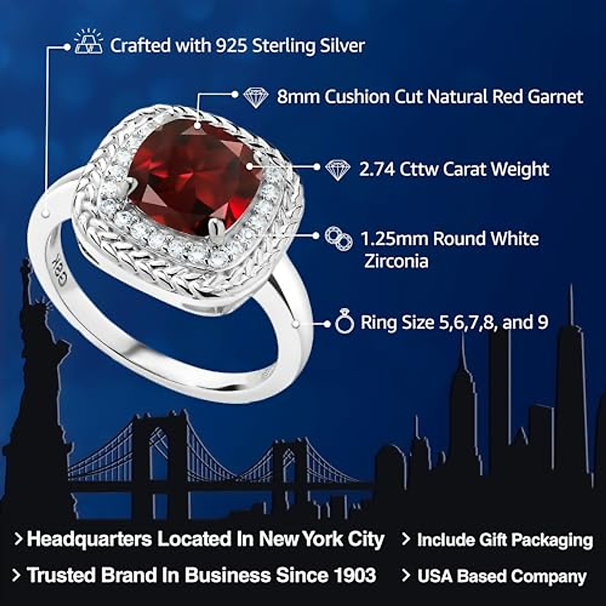 Gem Stone King 925 Sterling Silver 8MM Cushion Gemstone Birthstone Halo Engagement Ring | Wedding Engagement Anniversary Promise Ring For Women | Available In Size 5, 6, 7, 8, 9