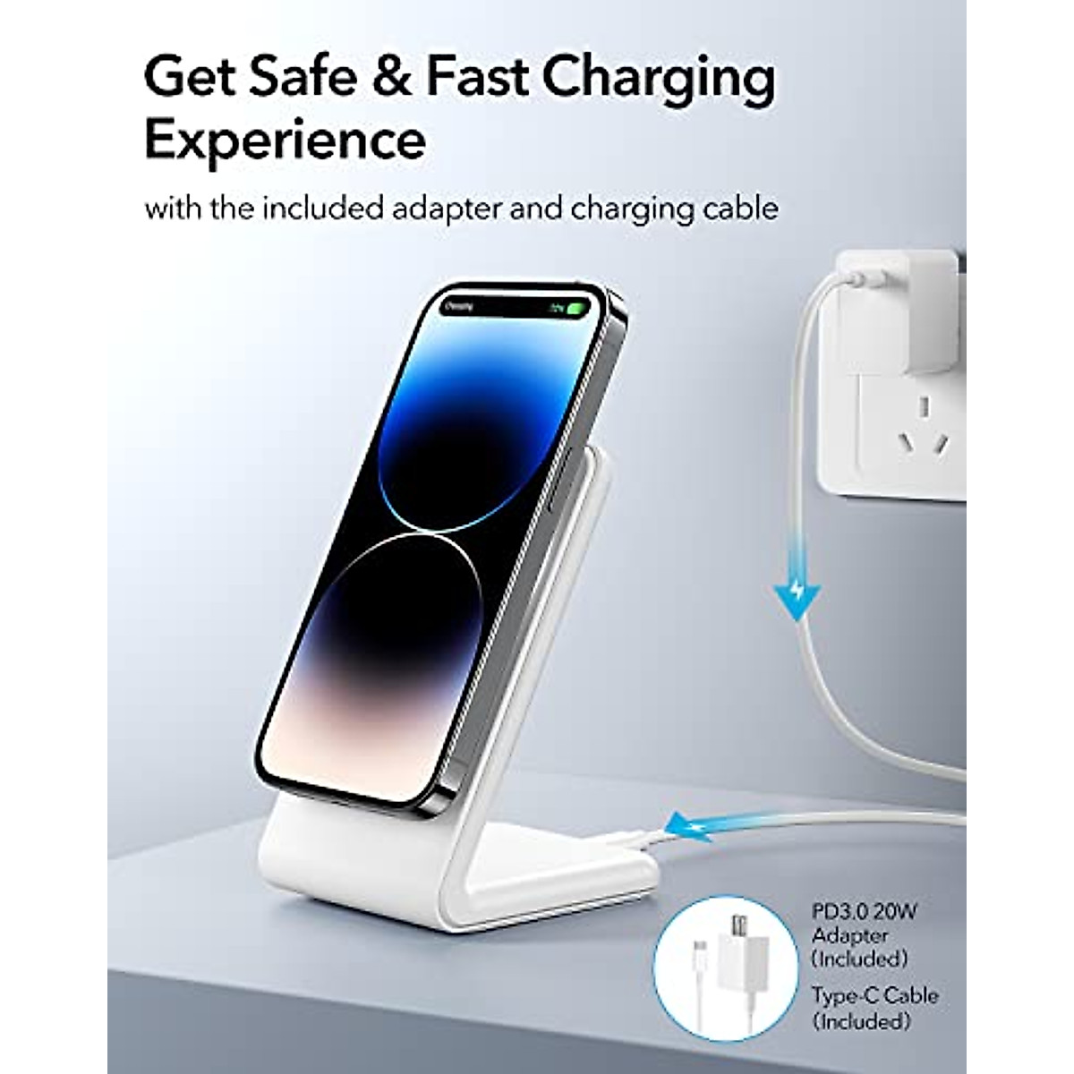 Meifigno Magnetic Wireless Charger for iPhone 15/14/13/12 Series, Fast Charging with PD3.0 20W USB-C Adapter & Charging Cable MagSafe Charger Stand for iPhone 15 14 13 12 Pro Max Plus Mini, White
