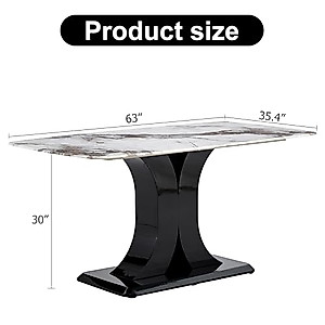 63" Glass Dining Table with White Imitation Marble Top, Kitchen Table for 4 or 6, Modern Dinner Tables with Black MDF Base, Large Dining Room Table for Dining Room/Kitchen, Easy Assembly