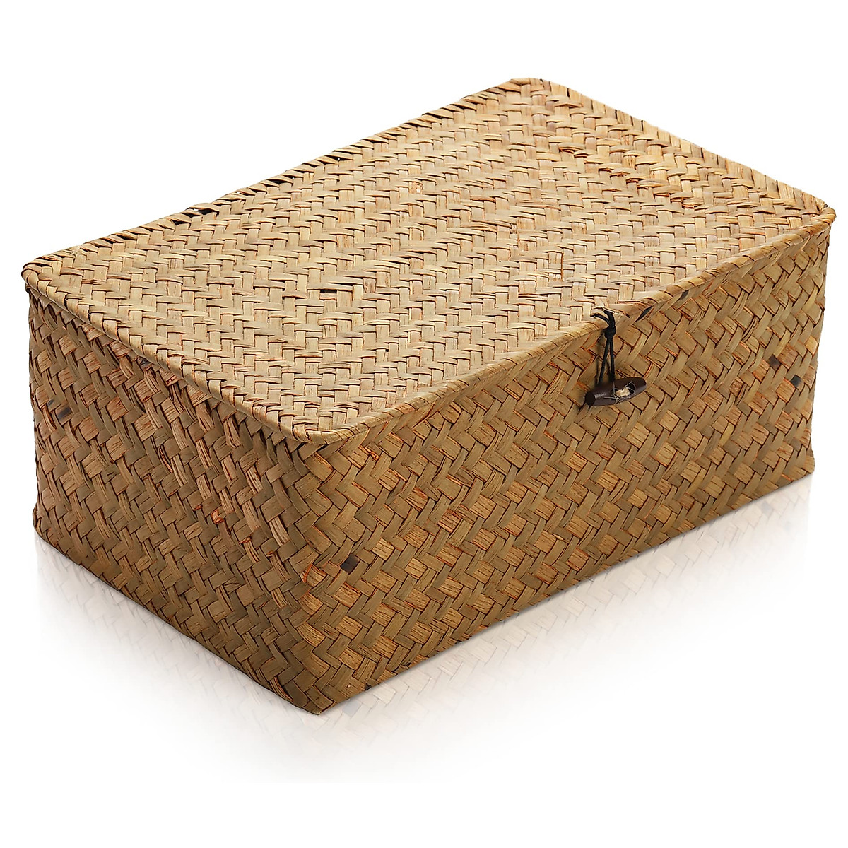 Yesland Handwoven Seagrass Rattan Storage Basket - 11.5'' x 7.5'' x 5'' - Brown Rectangular Makeup Organizer Container with Lid, Perfect for Decoration, Picnic, Groceries and Toy Storage