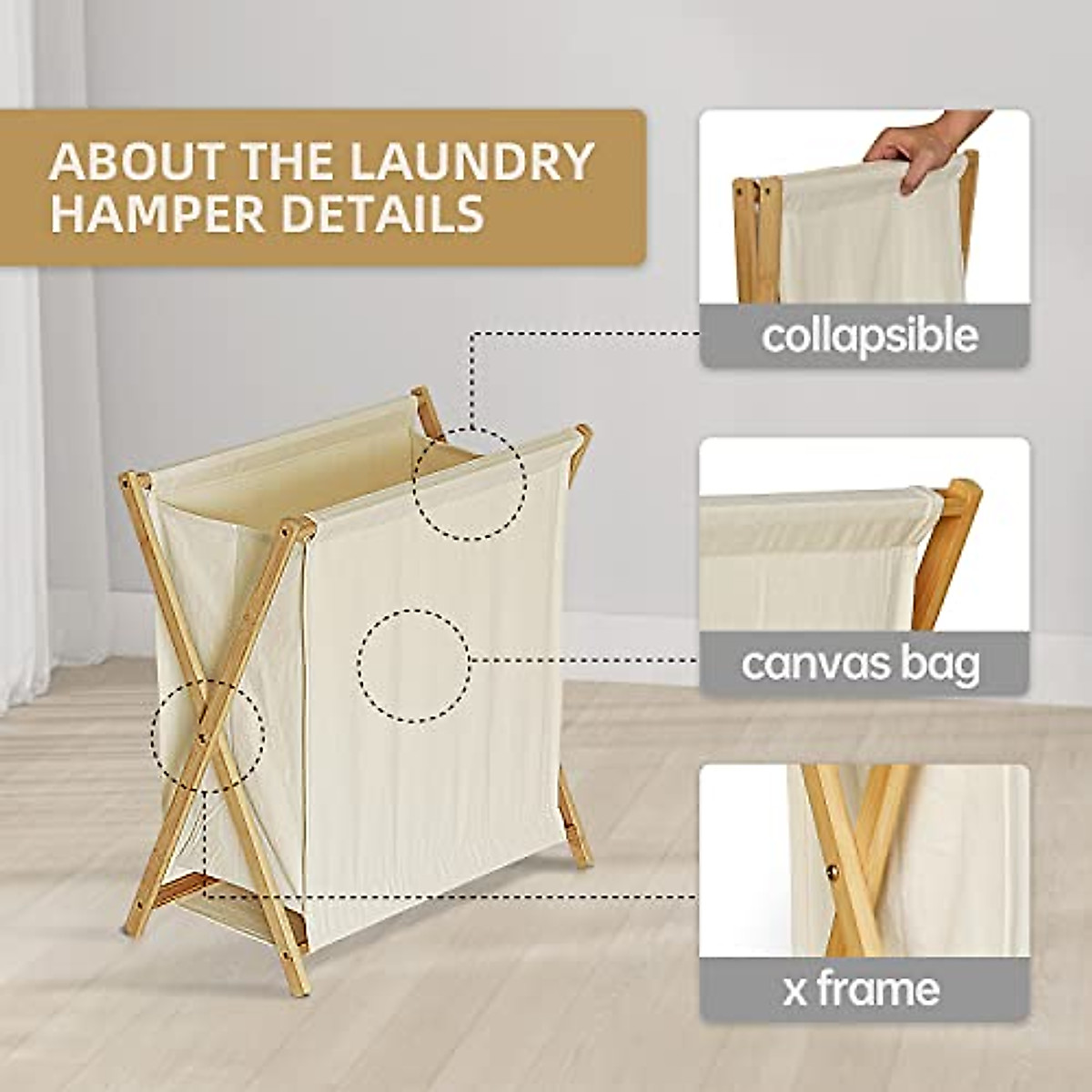 Bellglee Collapsible Bamboo Wood Laundry Hamper, Wooden X Frame Foldable Laundry Basket, Clothes Sorter Organizer with Linen Canvas Laundry Bag for Bedroom or Bathroom