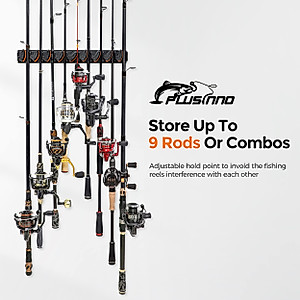 PLUSINNO V9 Vertical Fishing Rod Holders, 2 Packs Wall Mounted Fishing Pole Holders, Fishing Rod Racks Hold Up to 18 Rods or Combos, Fishing Pole Holders for Garage, Fits Most Rods of Diameter 3-19mm