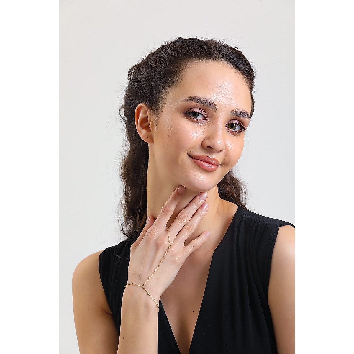 Wish Carat 100% 14k Real Gold Bracelet Ring Hand Chain - Adjustable Finger Chain Bracelet Gold | Dainty Charm Hand Jewelry for Women | Gifts for Women | 7'' to 8