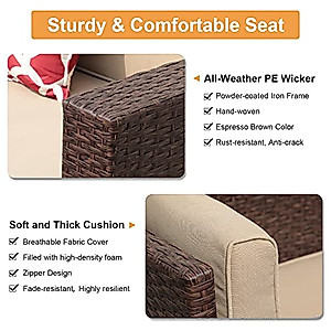 Super Patio 8 Pieces Patio Furniture Set, Outdoor Sectional Sofa, PE Wicker Patio Conversation Sets with Storage Box, Coffee Table, Three Red Pillows, Brown