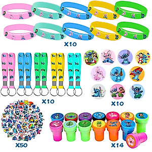 94Pcs Cartoon Party Supplies Birthday Party Favors, Include 10 Silicone Wristband,10 Button Pins,10 Key Chains,14 Stamps, 50 Stickers for Kids, Best for Goodie Bags