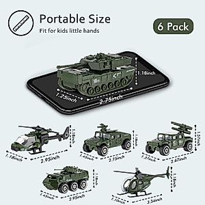 Shellvcase Diecast Military Vehicles, 6 Pack Army Toys Assorted Alloy Metal Model Cars Tank,Helicopter,Panzer,Anti-Air Vehicle Playsets Gift for Boys Kids Age 6 7 8 9 10