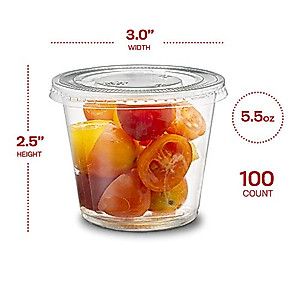 Plastimade Clear Disposable Plastic Portion Cups With Lids (100 Sets - 5.5 Oz) - Disposable Condiment Cups, Thanksgiving Sauce/Dip/Dressing Cups, Souffle Cups & Jello Shot Cups With Lids