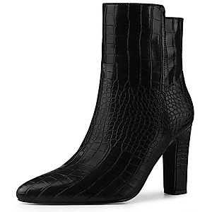 Allegra K Women's Printed Pointed Toe Chunky Heels Black Ankle Boots 8 M US