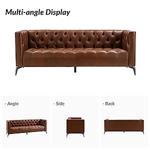 HULALA HOME 85" W Genuine Leather Sofa Couch with Metal Legs, Button-Tufted 3-Seater Sofa with Square Arms, Mid Century Modern Upholstered Couch for Living Room, Bedroom, Apartment, Brown