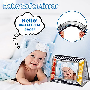 AUKZON Tummy Time Mirror Toys, Baby Toys 0 3 6 9 Months with Crinkle Book, Teethers, Black and White High Contrast Infant Toys, Montessori Sensory Toys Brain Development for Newborn