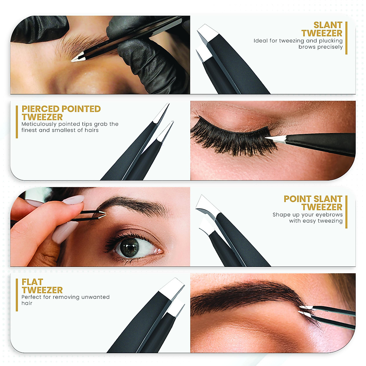 Utopia Care Tweezers for Women Facial Hair (4 Piece), Eyebrow Tweezers for Women Professional, Precision Tweezers Set for Women, Pointed Tweezers Slant Tip, Ingrown Hair Tweezers for Men (Black)