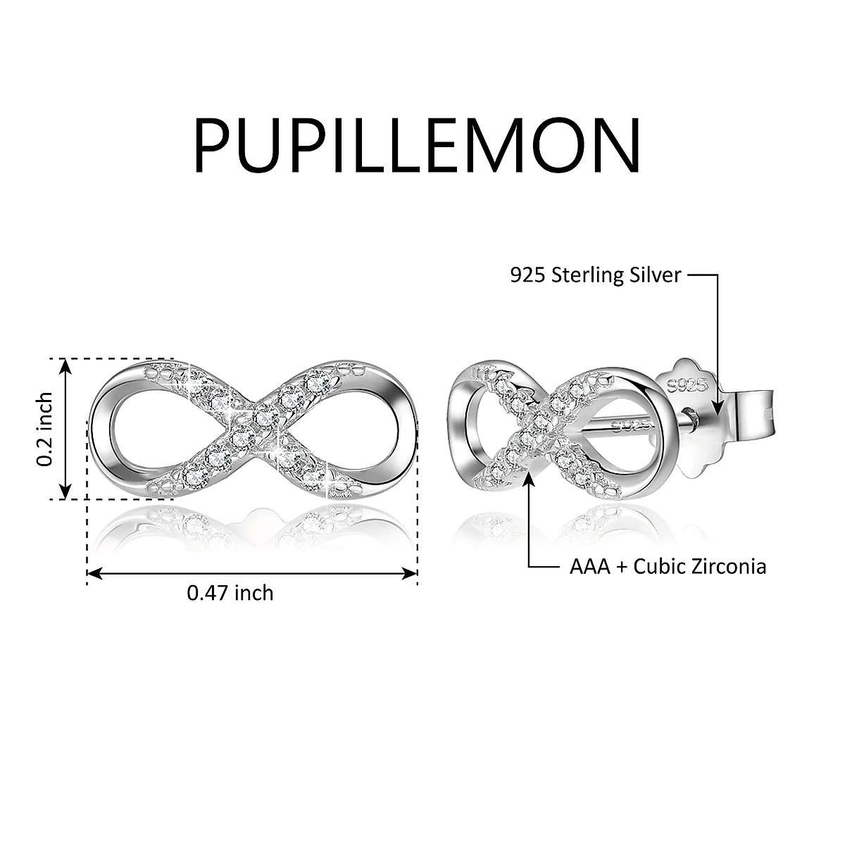 PUPILLEMON Infinity Stud Earrings for Women, 925 Sterling Silver Infinity Hoop Earrings Cubic Zirconia Womens Earrings Jewelry