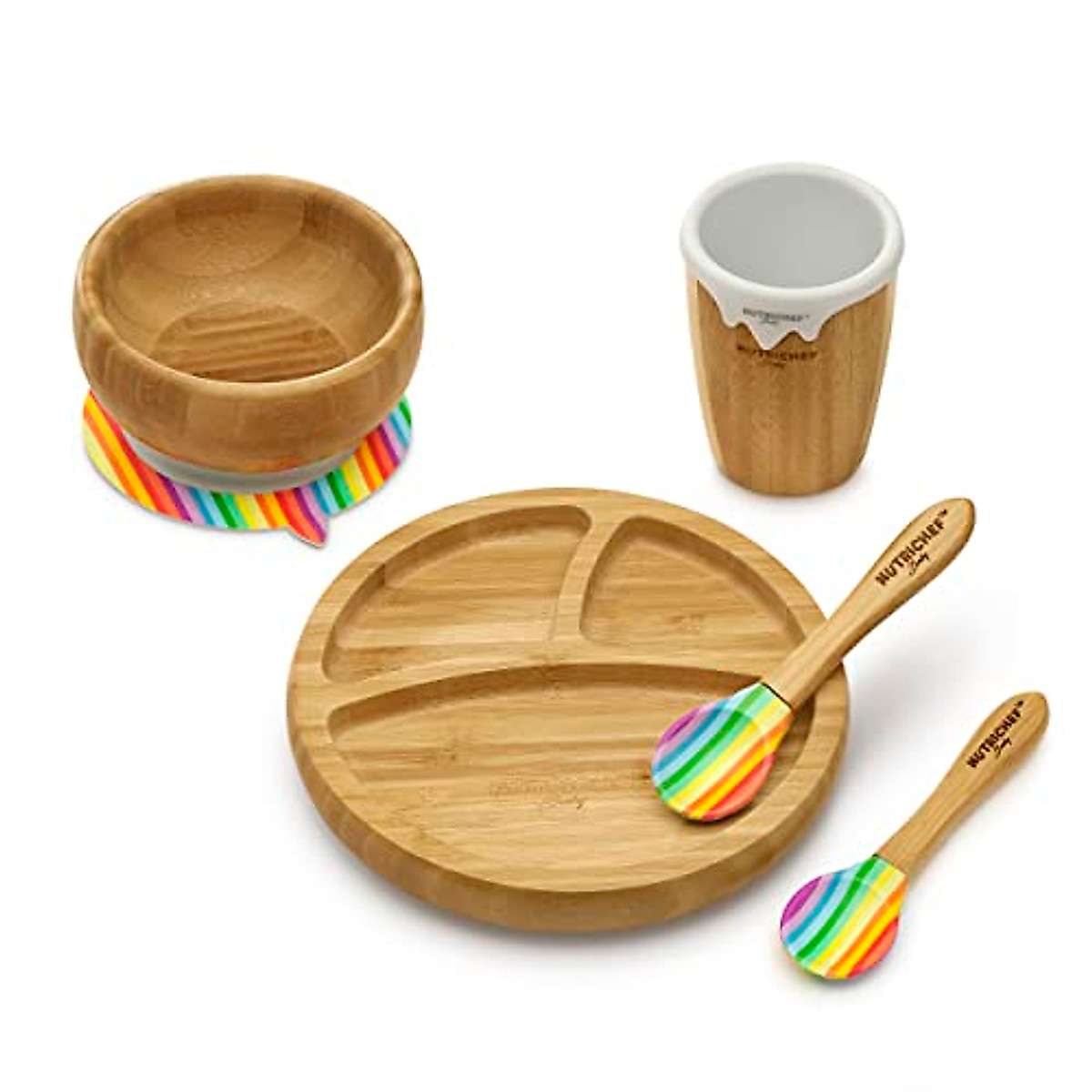 Nutrichef Baby and Toddler, 3 Compartment Plate, Bowl, Cup and Spoon Feeding Set- Silicon Suction, Non-toxic All Natural Bamboo Baby Food Plate (Stripe Set)