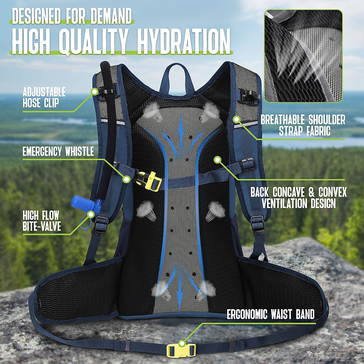 Multipurpose Hydration Backpack with 3L Water Bladder, High Flow Bite Valve, Perfect Water Backpack 18L for Hiking, Cycling