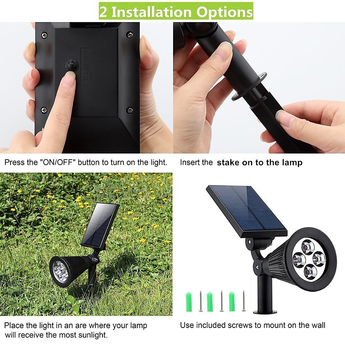 Hoont 2-in-1 Bright Outdoor LED Solar Spotlight/Solar Powered Light for Patio, Entrance, Landscape, Garden, Driveway, Lawn, Etc./ Great for Accents, Security Lighting, Etc. [Upgraded Version]