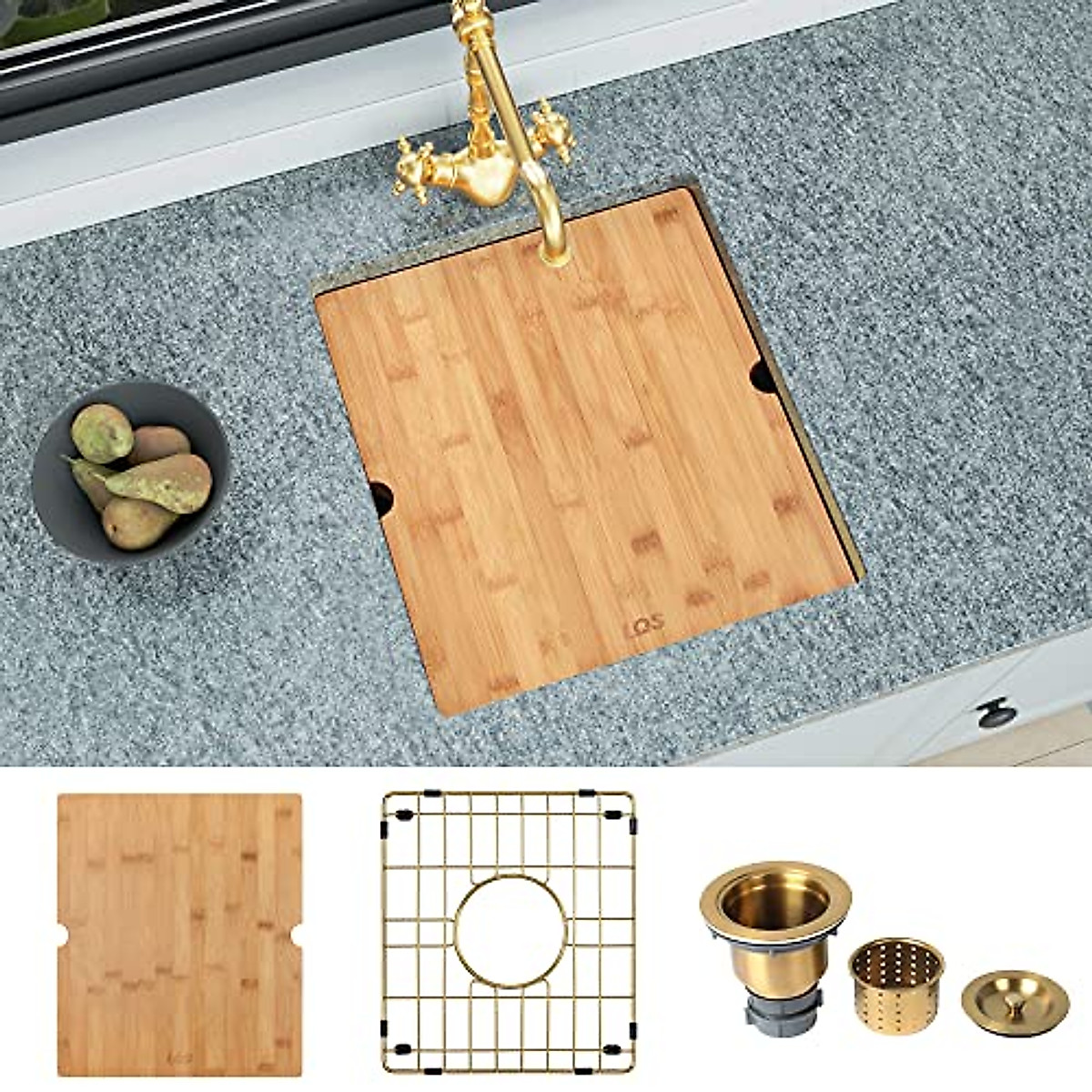 LQS Kitchen Sink Drain Strainer Assembly and Gold Undermount Bar Sink, RV Sink, Handmade Stainless Steel Bar Sink 15" x 17", 16 Gauge Workstation Sink